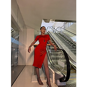 GOKATOSAU Women's Sexy Bodycon Short Sleeve Slit Ruched Summer Club Party Midi Dress Red