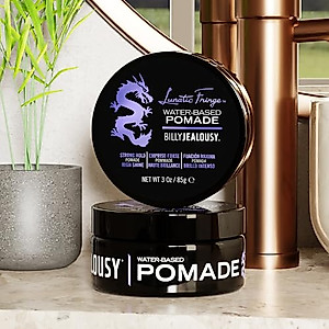 Billy Jealousy Lunatic Fringe Water-Based Pomade for Men, Strong Hold, High Shine, Water Soluble and Vegan Hair Product Ideal for Medium to Long Thick Mane, 3 oz