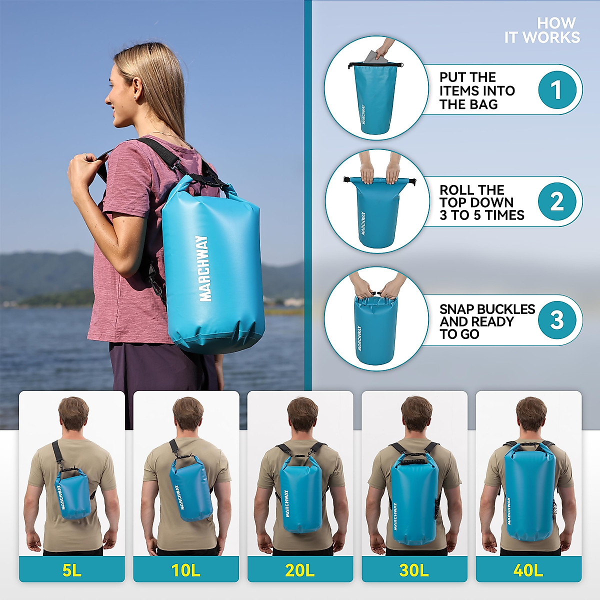 MARCHWAY Floating Waterproof Dry Bag Backpack 5L/10L/20L/30L/40L, Roll Top Sack Keeps Gear Dry for Kayaking, Rafting, Boating, Swimming, Camping, Hiking, Beach, Fishing (Teal, 20L)