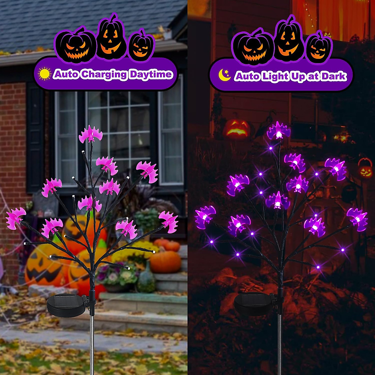 2 Packs 40LEDs Solar Halloween Bat Stake Lights, 2 Modes Purple Halloween Bat Lights for Outdoor Halloween Decorations, Waterproof Solar Halloween Lights Stakes for Garden Yard Pathway Walkway