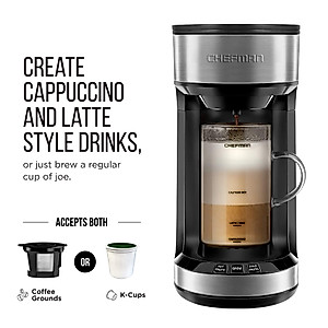 Chefman Froth + Brew Coffee Maker and Milk Frother Single Serve Brewer for K-Cup Pods & Grounds for Latte and Cappuccino Style Drinks, Compact 20 oz. Glass Mug and Reusable Filter Included, 21 oz