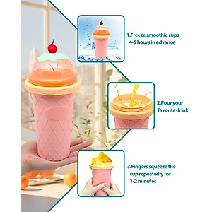 Slushie Cup, Smoothie Cups with Lids & Straws, Slushy Cup for Juices, Milk and Ice Cream Make, Portable Frozen Magic Slushie Cup Maker for Kids, Friends and Family (Pink)