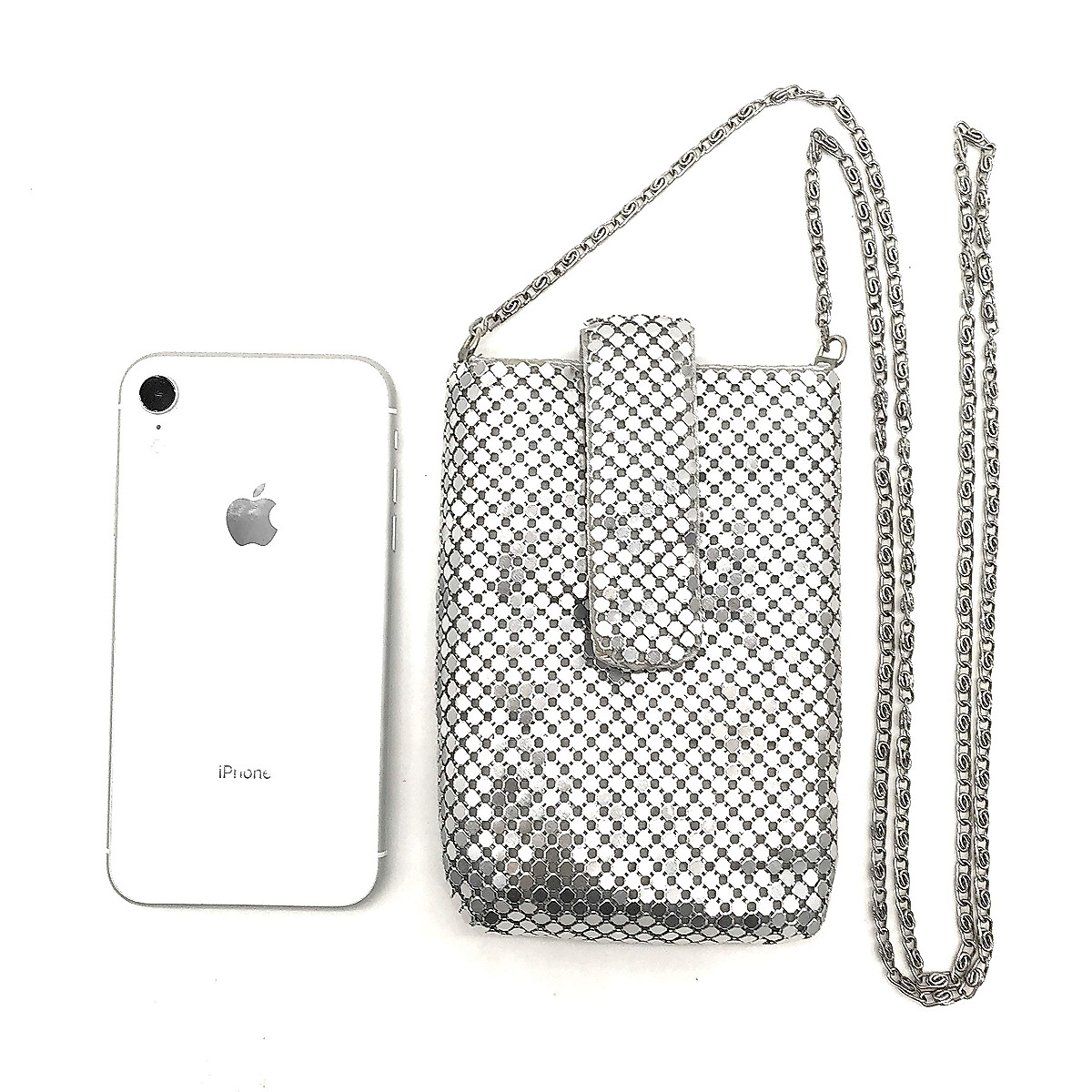 Women's Metal Mesh Small Cell Phone Pouch Bag Case Cross-Body Shoulder Strap (Silver)