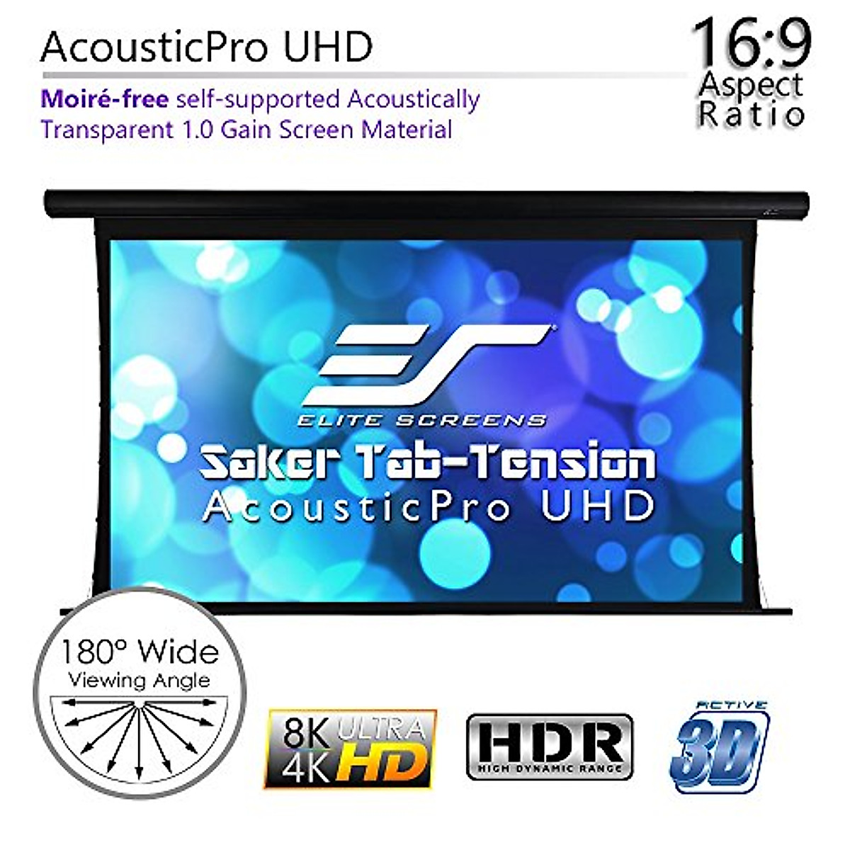 Elite Screens Saker Tab-Tension AcousticPro UHD Series, 100" Diagonal 16:9, 4K/8K Ultra HD Electric Sound Transparent Perforated Weave Drop Down Front Projector Screen, SKT100UH-E24-AUHD