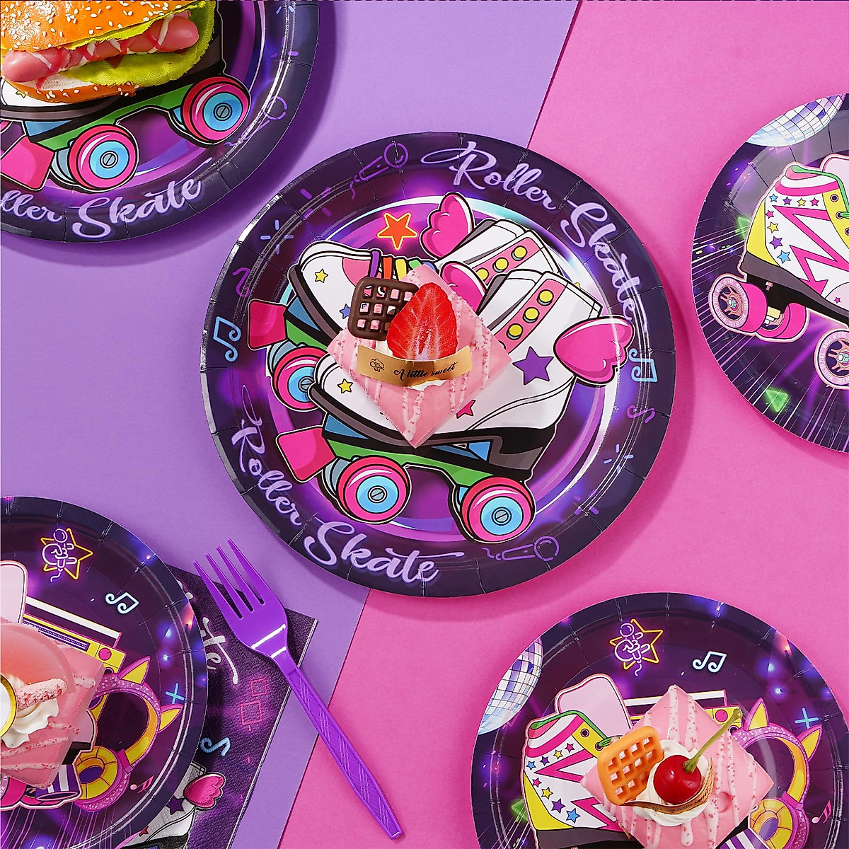 96Pcs Roller Skating Party Supplies Retro Roller Skate Plates Napkins Forks, Roller Skate Party Decorations for Girls Teens Birthday, Roller Skate Theme Party, Serve 24