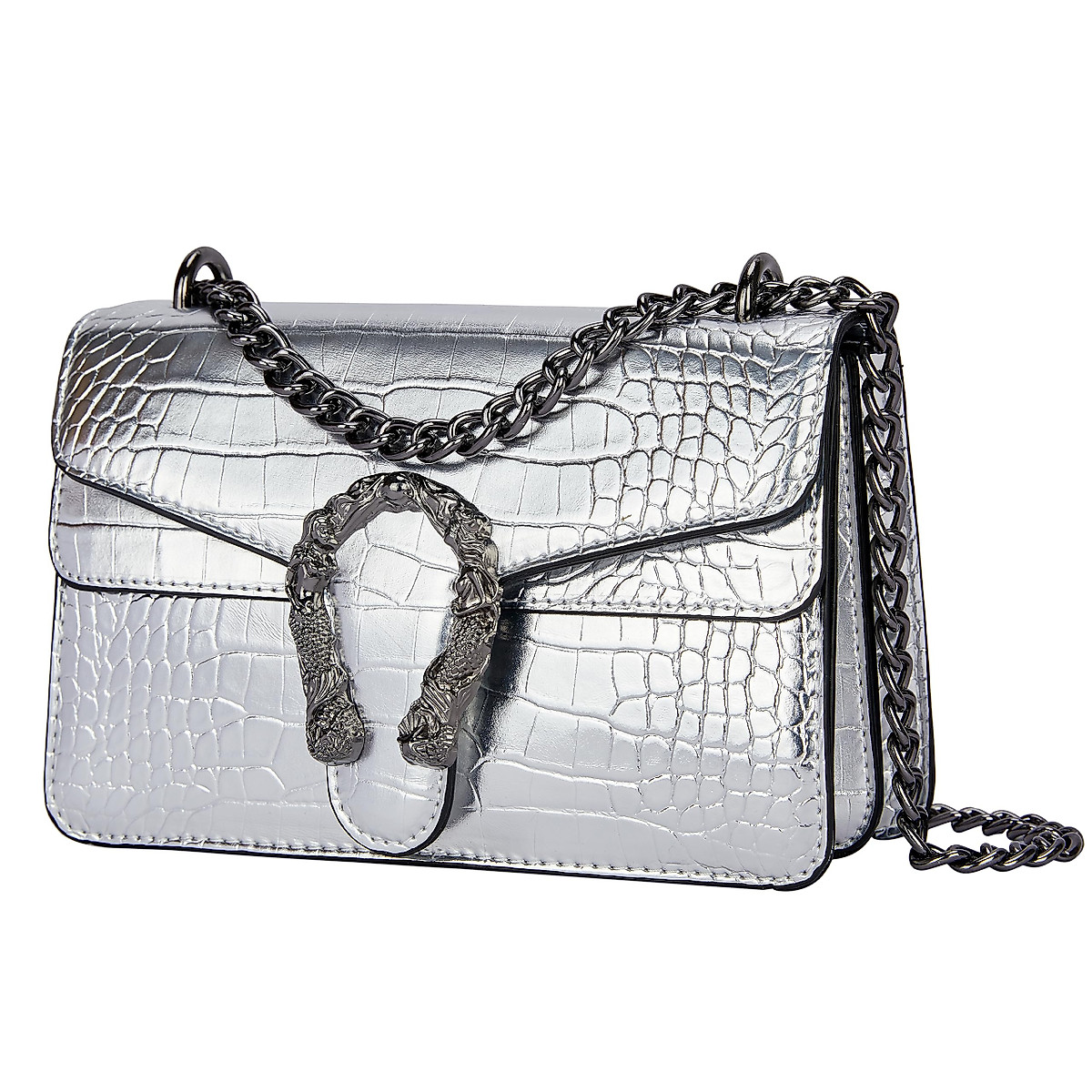 Erideno Crossbody Bags for Women Trendy Crocodile Grain Purses for Women Purse Chain Shoulder Bag Leather Handbags for Women（Silver）