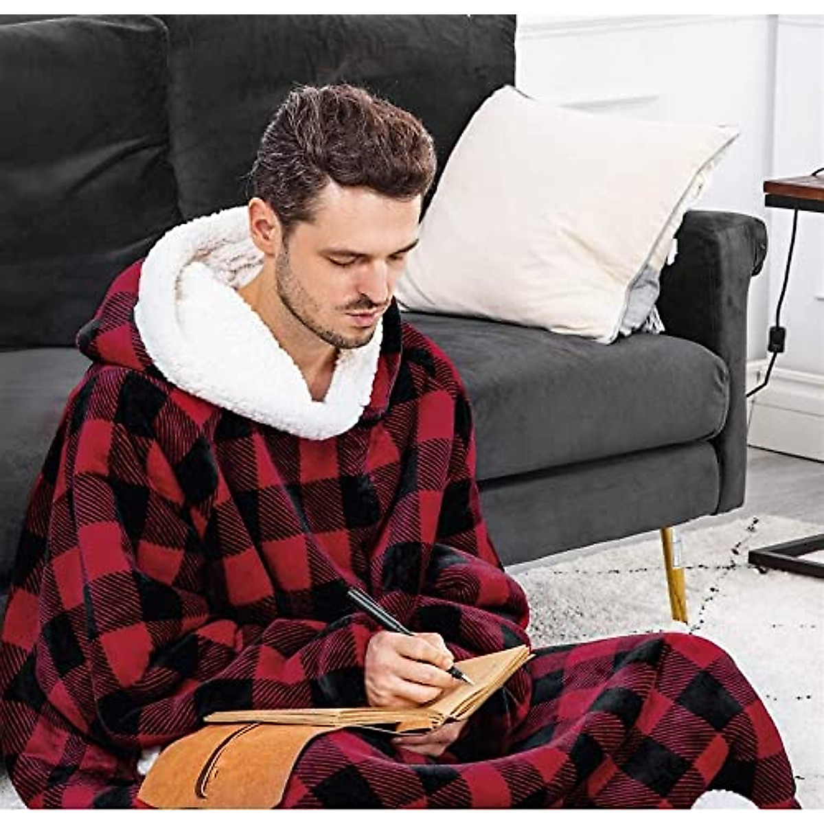Oversized Wearable Blanket Hoodie, Hooded Blanket Sweatshirt with Pockets, Cozy Warm Fleece Sherpa Blanket, Gifts for Adults Mom Wife Girlfriend Men (Color : Red, Size : Oversize)
