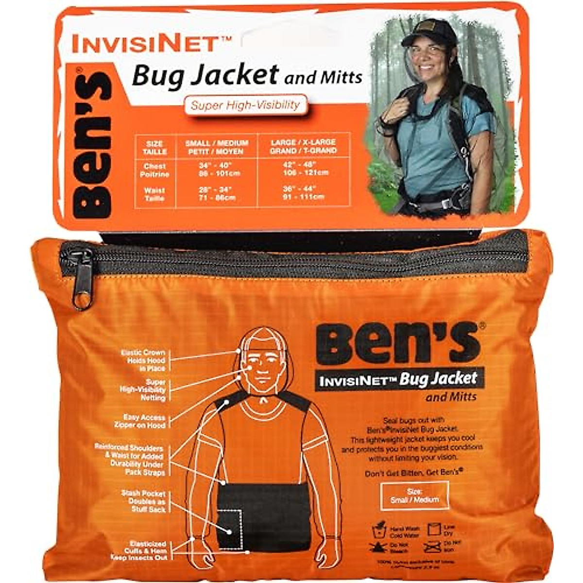 BENS InvisiNet Bug Jacket & Mitts - Durable & Comfortable Insect Protection for Outdoor Activities - Fine Mesh Bug Net with High-Visibility - L/XL