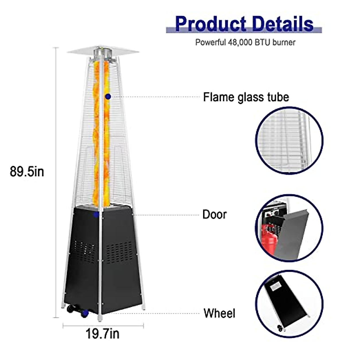 PIONOUS 48,000 BTU Glass flame tube Pyramid Patio Heater with Cover and Wheels for Deck, Commercial, Garden, Fishing - Black, 9 Set