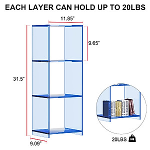 3 Tier Acrylic Bookcase, Clear Floor Standing Acrylic Bookshelf, 31.5 inch Tall Display Cube Storage Shelf Home Decor Furniture for Home, Office, Living Room, Bedroom, Blue