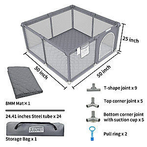 JUSONEY Baby Playard,Baby Playpen with Mat,50”×50” Baby Playpen for Toddler with Gate, Indoor & Outdoor Playard for Kids Activity Center with Anti-Slip Base,Sturdy Safety,Soft Breathable Mesh-Grey