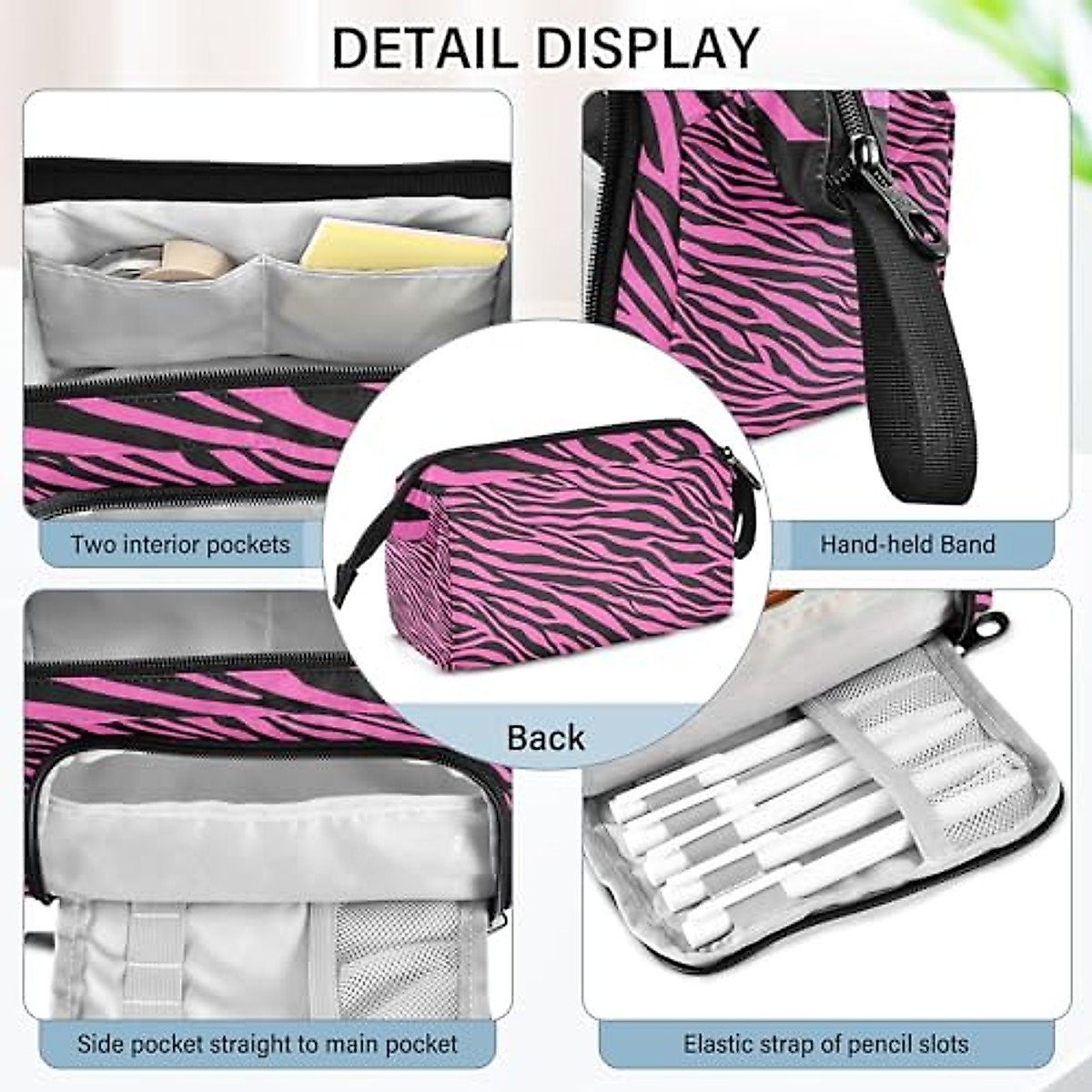 Fisyme Pink Zebra Print Pencil Case Large Capacity Pencil Pouch Pen Bags Box Big Makeup Pencil Case Organizer