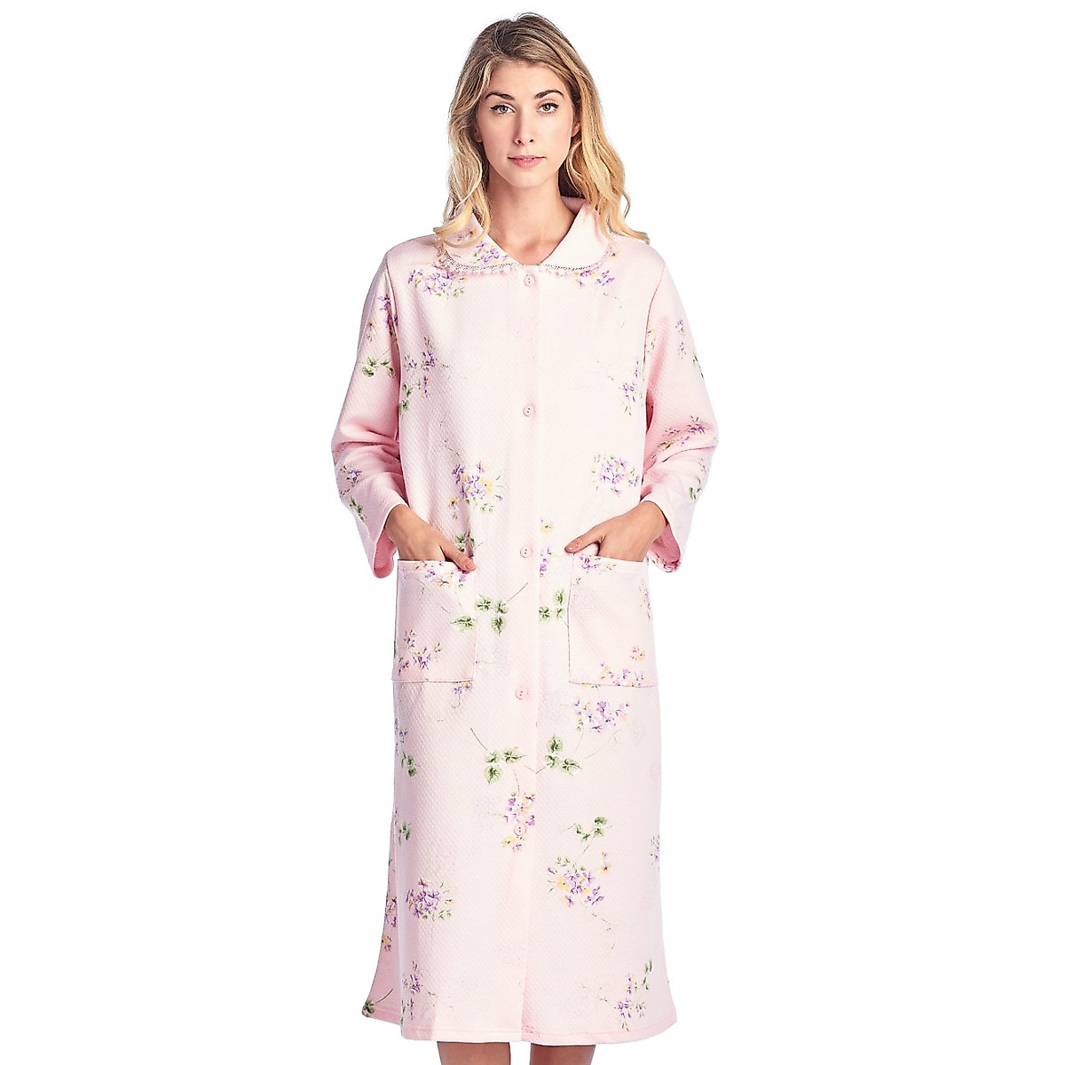 Casual Nights Women's Long Quilted Robe House Dress - Floral Pink - Medium