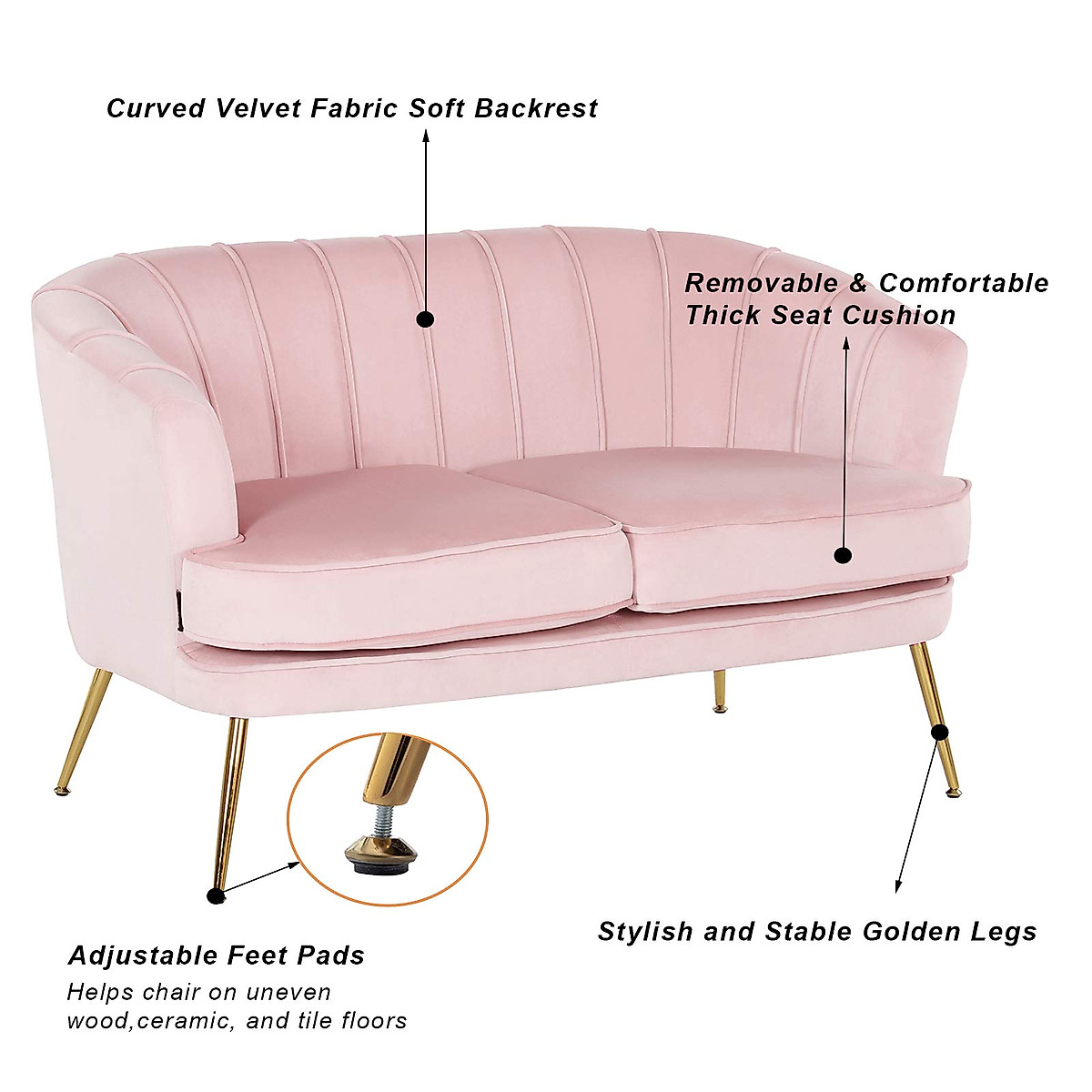 Artechworks Contemporary Velvet Loveseat Chair with Gold-Finished Metal Legs, 2-Seat Sofa for Living Room, Bedroom, Home Office, Pink