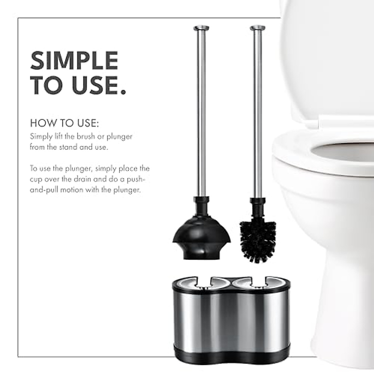 ToiletTree Products Modern Deluxe Freestanding Toilet Brush and Plunger Combo (Stainless Steel, Brush and Plunger Combo Set 4.5” x 9.75” x 18.5")