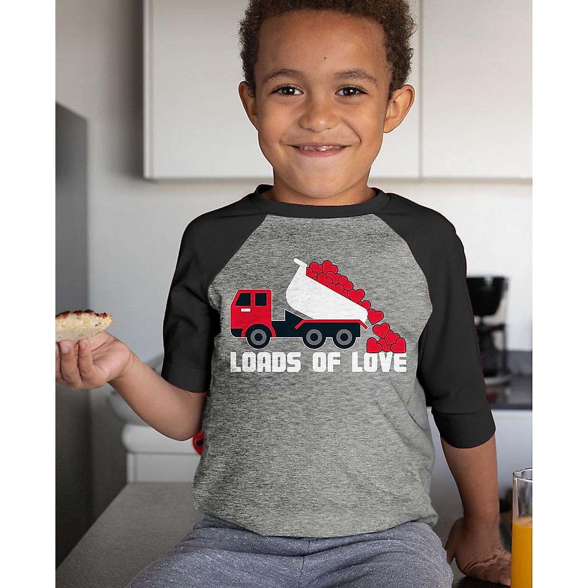 Truck with Hearts Loads of Love Boys Valentines Day Shirt Dabbing Heart Valentine's Toddler Kids Raglan 3/4 Sleeve T-Shirt 5T Dark Gray