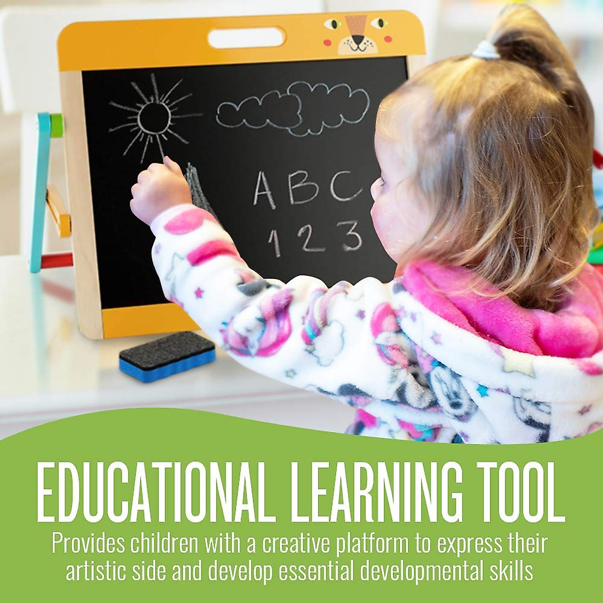 Children's Wooden Tabletop Easel with Double-Sided Magnetic Whiteboard & Chalkboard, Arts & Crafts Portable Easel Includes Dry Erase Marker, Chalk, Magnetic Letters & Extra Magnets, Ages 3 and Up