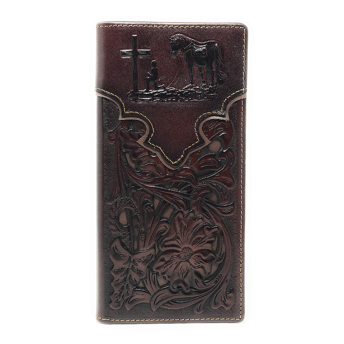 Texas West Genuine Leather Basketweave Floral Tooled Praying Cowboy Mens Long Bifold Wallet 2 colors (Coffee)