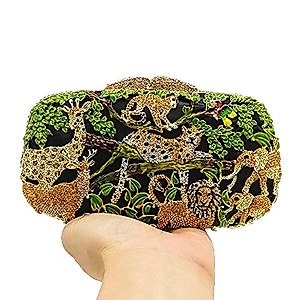 Forest Animal Pattern Style Crystal Clutch Purses for Women Formal Evening Bags (Green) Medium