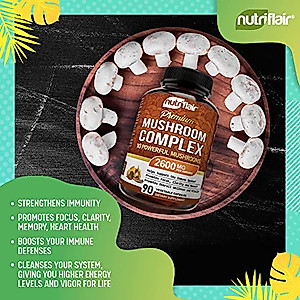 NutriFlair Mushroom Supplement 2600mg, 90 Capsules - 10 Mushrooms Blend - Reishi, Lions Mane, Cordyceps, Chaga, Turkey Tail, Maitake, Shiitake, Oyster Nootropic Complex - Brain, Energy, Focus Pills