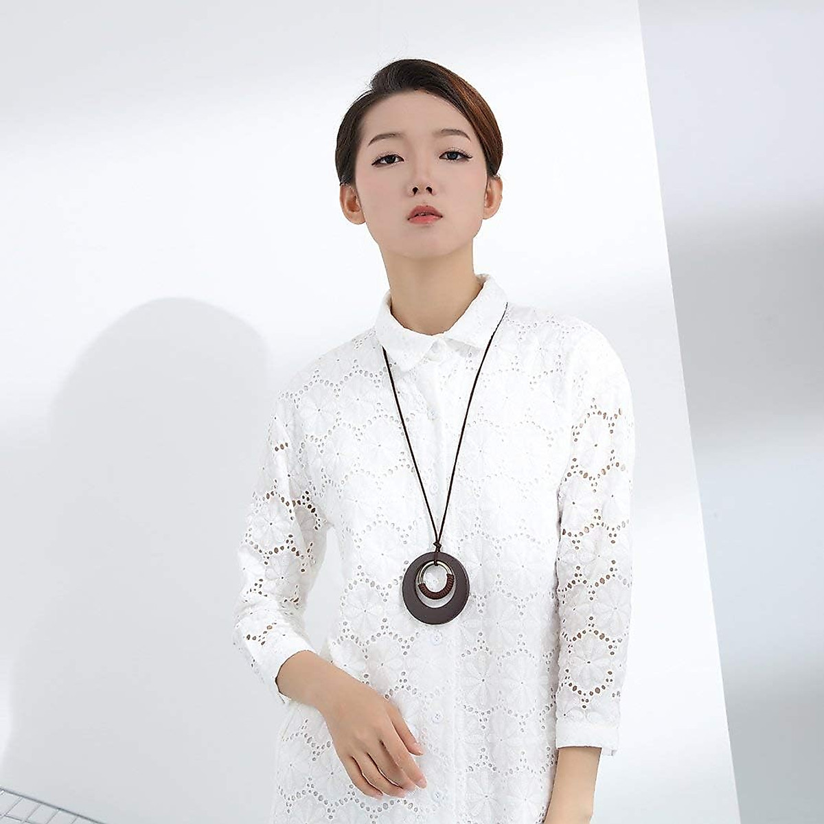 Womens Pendant Necklace Wood Handmade Jewelry Long Rope Sweater Necklace for Woman