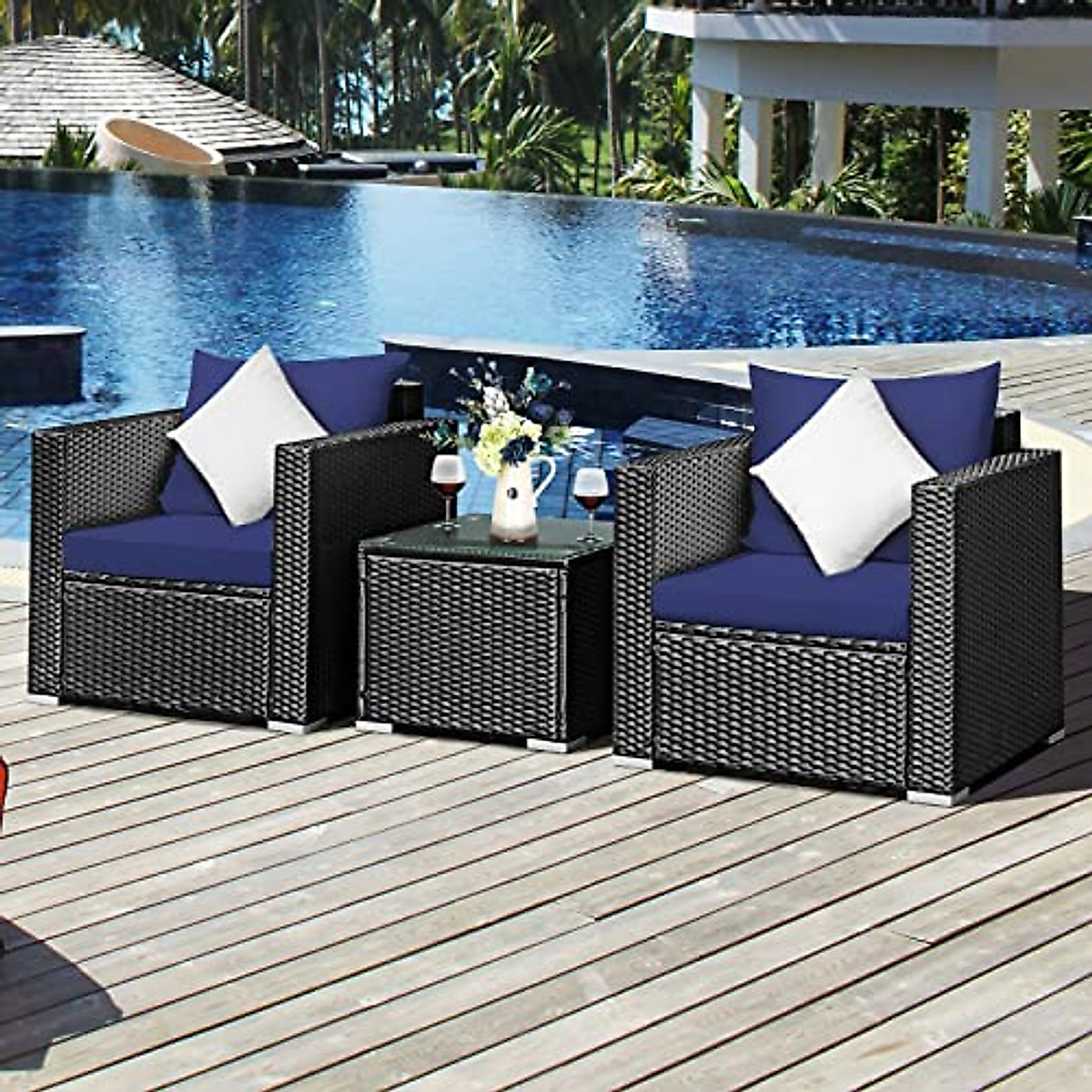 MJWDP 3PCS Patio Rattan Wicker Furniture Set Sofa Table Cushioned Seat Coffee Table Single Sofa (Color : A)