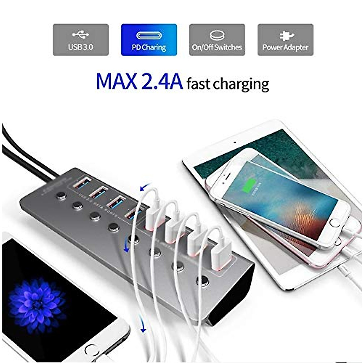 SHYPT Aluminum Alloy 8-Port USB3.0 Splitter 4 Port Laptop Extended USB HUB 4 Port Fast Charging Adapter External 12V 4A Power Supply