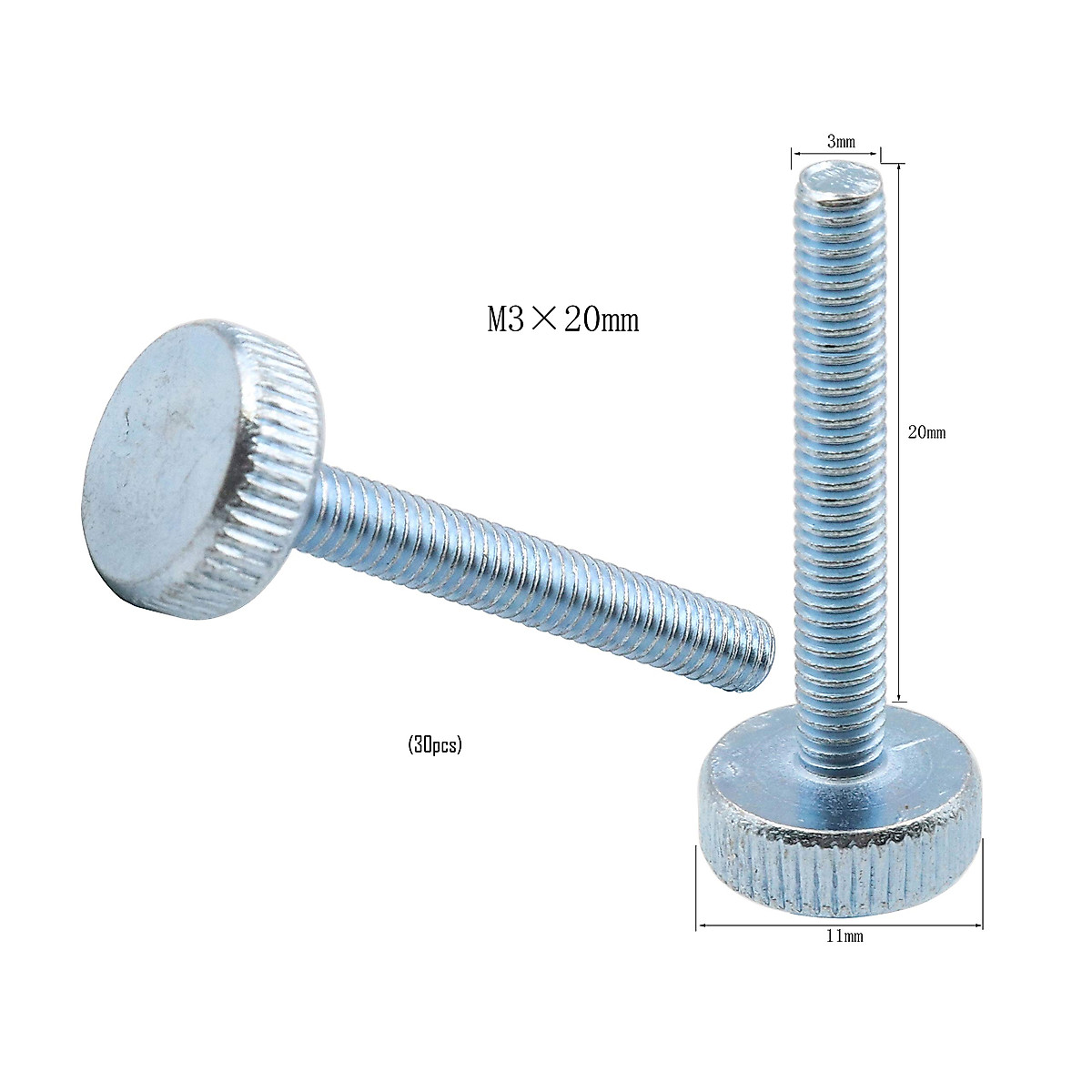 LBY 30pcs Knurled Hand Screw, M3 x 20mm Flat Knurled Head Fully Threaded Thumb Screws(Single Layer Step), Carbon Steel Galvanize