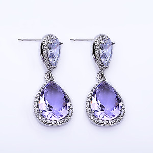 AMYJANE Wedding Jewelry Set for Bride - Sterling Silver Teardrop Amethyst Purple Cubic Zirconia Crystal Rhinestone Necklace Earrings Set Bridal Jewelry Set for Bridesmaids February Birthstone Jewelry