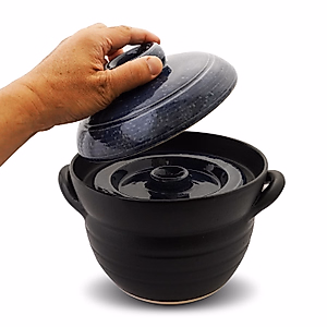 Banko-ware Donabe Japanese Earthenware Rice Pot with Double-Lid Technology – Elegant Jet-Black & Blue Design – Ensures Fluffy Rice Every Time – Includes English Manual – Made in Japan (3-5 per)