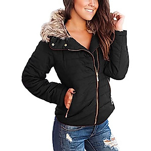 Dokotoo Womens Casual Ladies Winter Faux Fur Collar Zip Up Open Front Quilted Puffer Jacket Coat Outerwear with Pockets Black Small