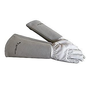 Rose Pruning Leather Garden Gloves with Thorn Proof Canvas Gauntlet Forearm Protection (Large, Color Neutral/Grey)