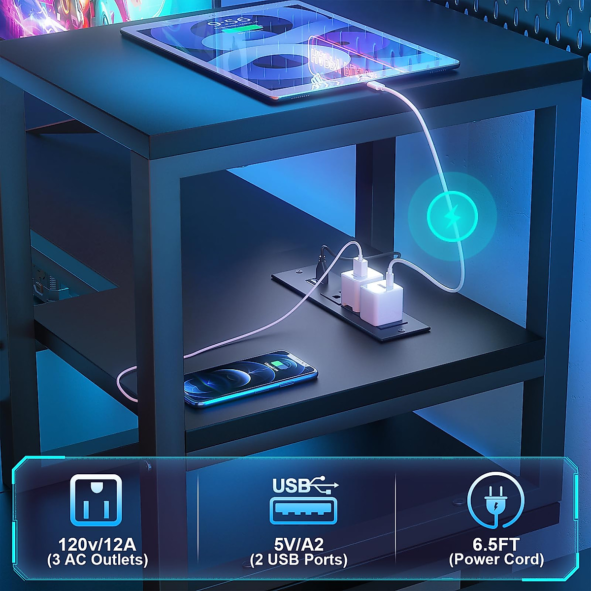 Besiost Gaming Desk with Lights & Power Outlets, 39.4' Computer Desk with Shelves, Small Desk for Small Space, Writing Desk with Monitor Stand, Black