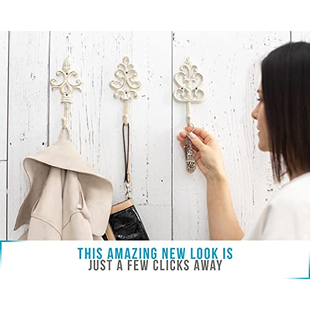 Shabby Chic Decorative Wall Hooks - Set of 3 - Cast Iron French Country Wall Decor - Farmhouse Hangers for Coats, Purses and More - Rustic White