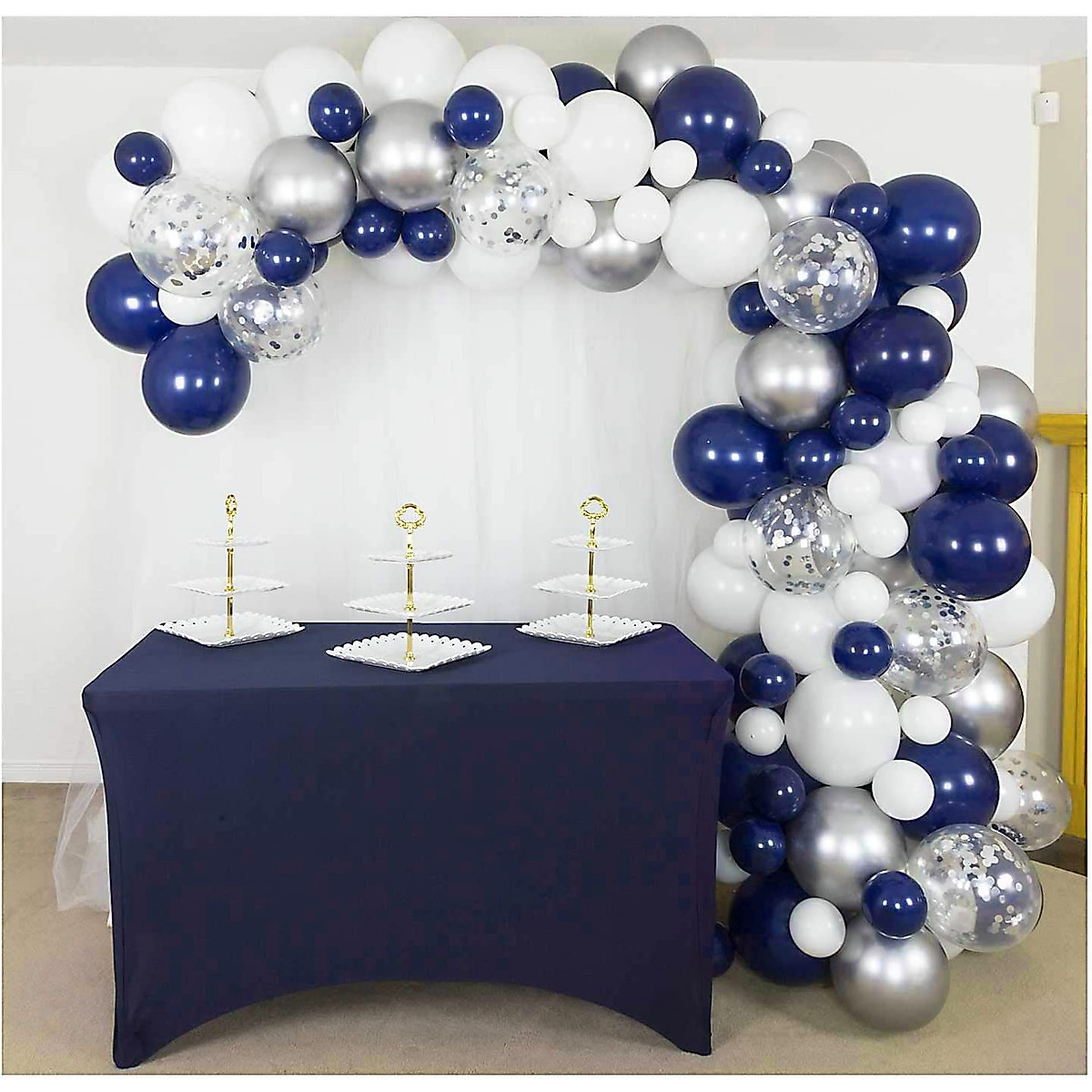 Navy Blue Silver Balloons Arch Kit 130 PCS Navy Blue Balloon Garland With White Silver Confetti Latex Balloons Different Sizes For Graduation Rugby Baby Shower Wedding Birthday Party Decorations