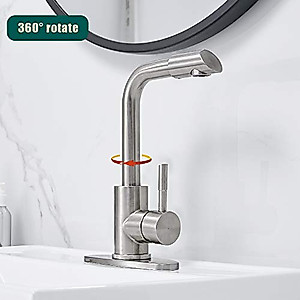Hoimpro 360° Rotate Spout Single Handle Wet Bar Sink Faucet,Single Hole Bathroom Lavatory Faucet,Rv Small Bathroom Sink Faucet,Bar Vanity Faucet, Stainless Steel/Brushed Nickel (1 Or 3 Hole)