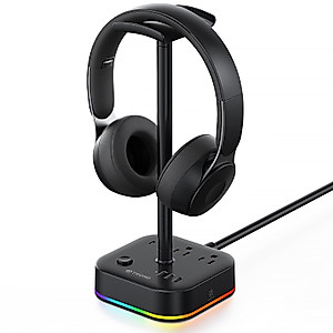 TROND Headphone Stand with USB Charger, Desk Gaming Headset Holder with 3 USB Charging Ports and 3 AC Outlets, RGB Headphone Hanger with 5 Light Modes, for Desk Accessories, Gamer Gifts