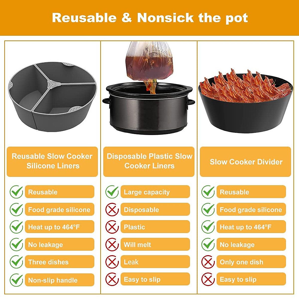 Silicone Slow Cooker Liners Fit for Crockpot 6 Quart, 3 In 1 Reusable Crock Pot Liners Divider Insert Portable Handle/BPA Free/Leakproof/Used to Replace Leak-prone Disposable Liners
