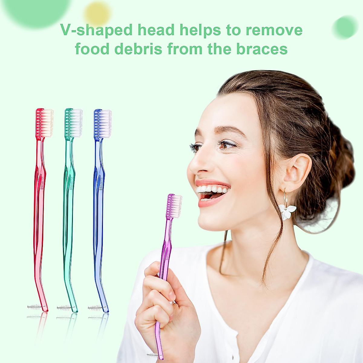 6 Pieces Orthodontic Toothbrush Braces Toothbrush with 6 Pcs Head Protection Cover Double-Ended Interdental Brush V Trim End for Braces Teeth Detail Cleaning 4 Colors