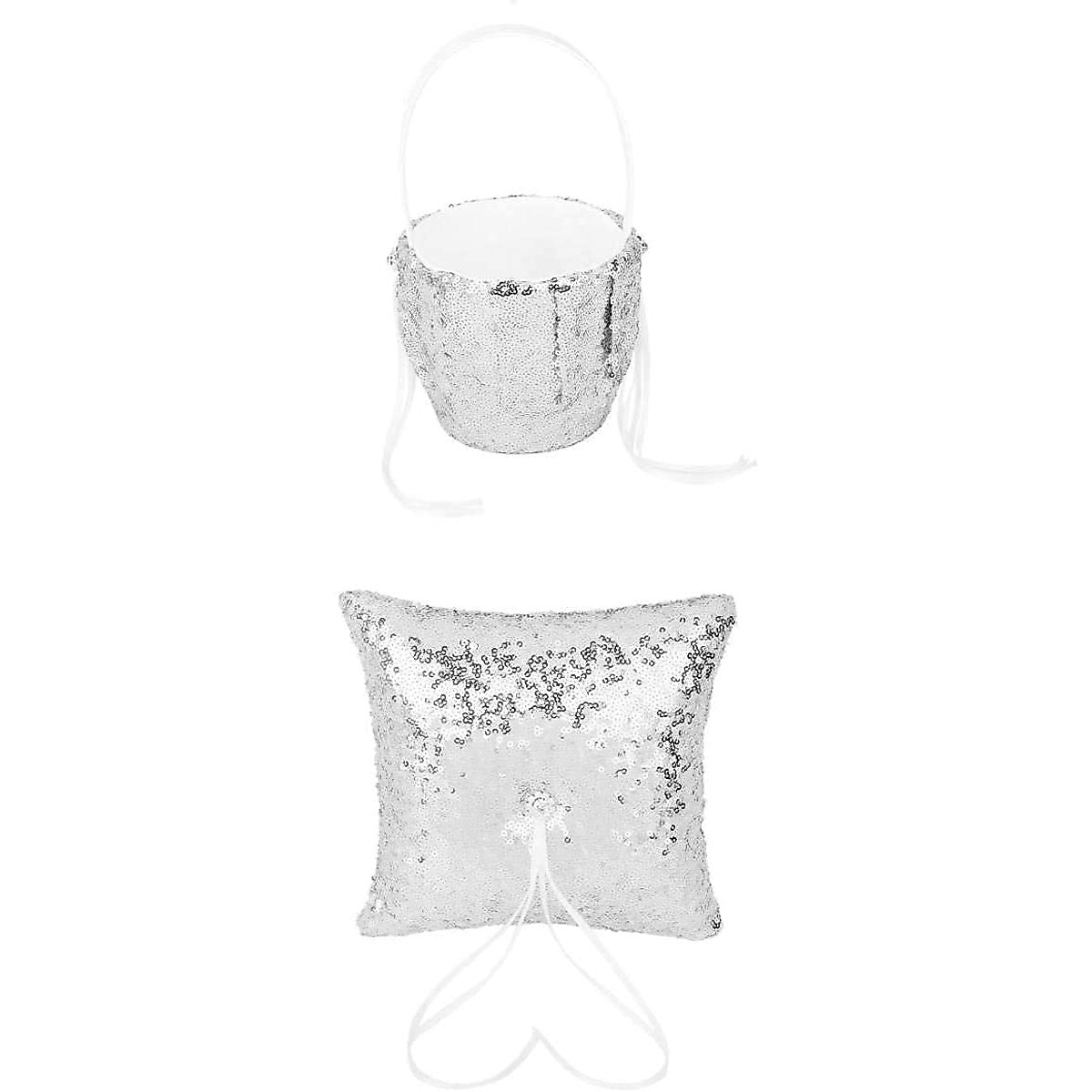 koTTIYA 2pcs Wedding Flower Girl Basket Ring Pillow Set Flower Basket and Ring Pillow for Party Decor Bridal Accessories - Silver