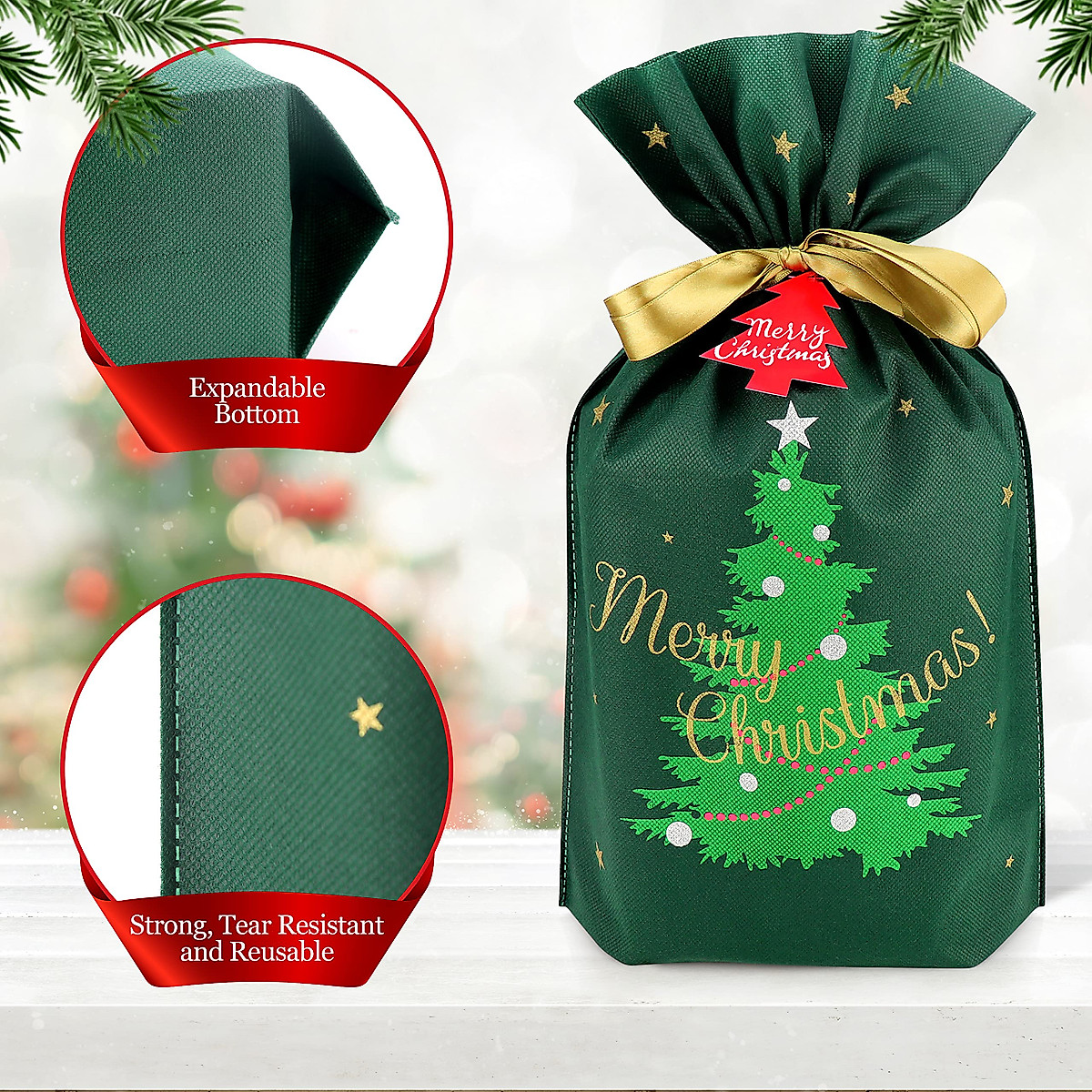 Fabric Gift Bags for Presents - 6 Pcs Large Reusable Christmas Bags with Drawstring (Green Xmas Tree Assorted)
