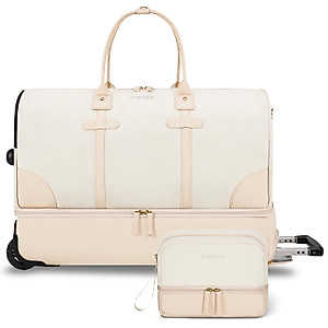 ETRONIK Rolling Duffle Bag with Wheels, 21 Inch Carry on Bag for Airplanes with Shoes Compartment, Canvas Weekender Overnight Bag for Women with Toiletry Bag, Beige