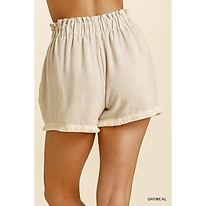 Umgee Linen Blend Elastic Waistband Paperbag Shorts with Pockets and Frayed Hem Oatmeal