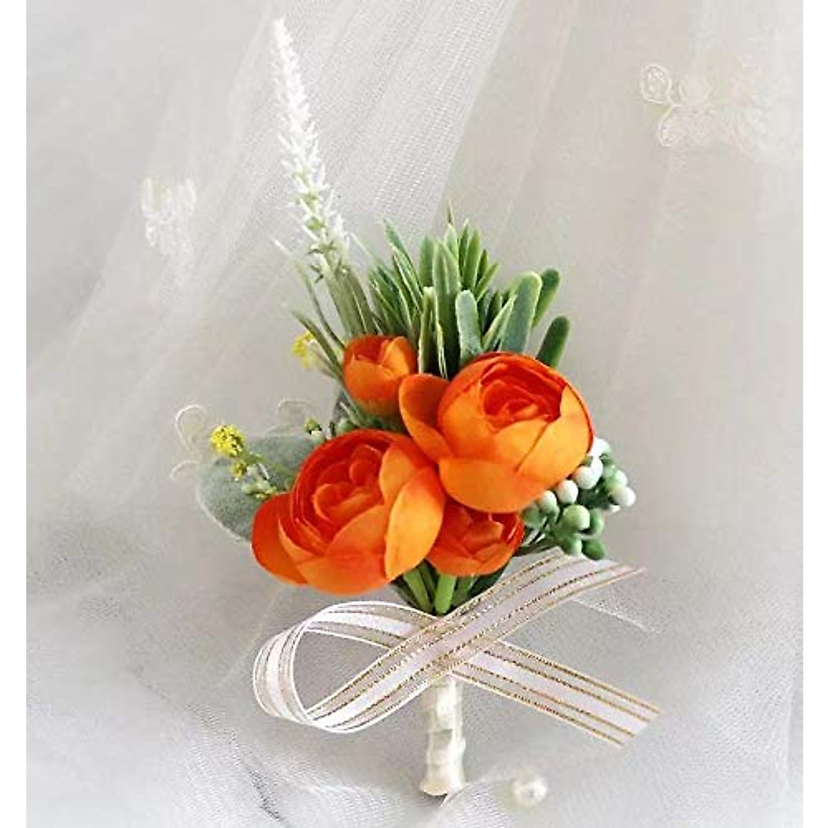 Easin 2Pcs Boutonniere Buttonholes and Wrist Corsage Wristband Roses Wrist Corsage, Groom Groomsman Best Man and Girl Brides Rose Wedding Flowers Accessories Prom Suit Decoration (Orange)