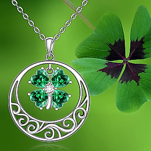 Talonior St Patricks Day Necklace Shamrock Necklace for Women 4 Leaf Clover Pendant Irish Shamrock Sterling Silver Filigree Cubic Zirconia Green Good Lucky Clover Jewelry Gifts