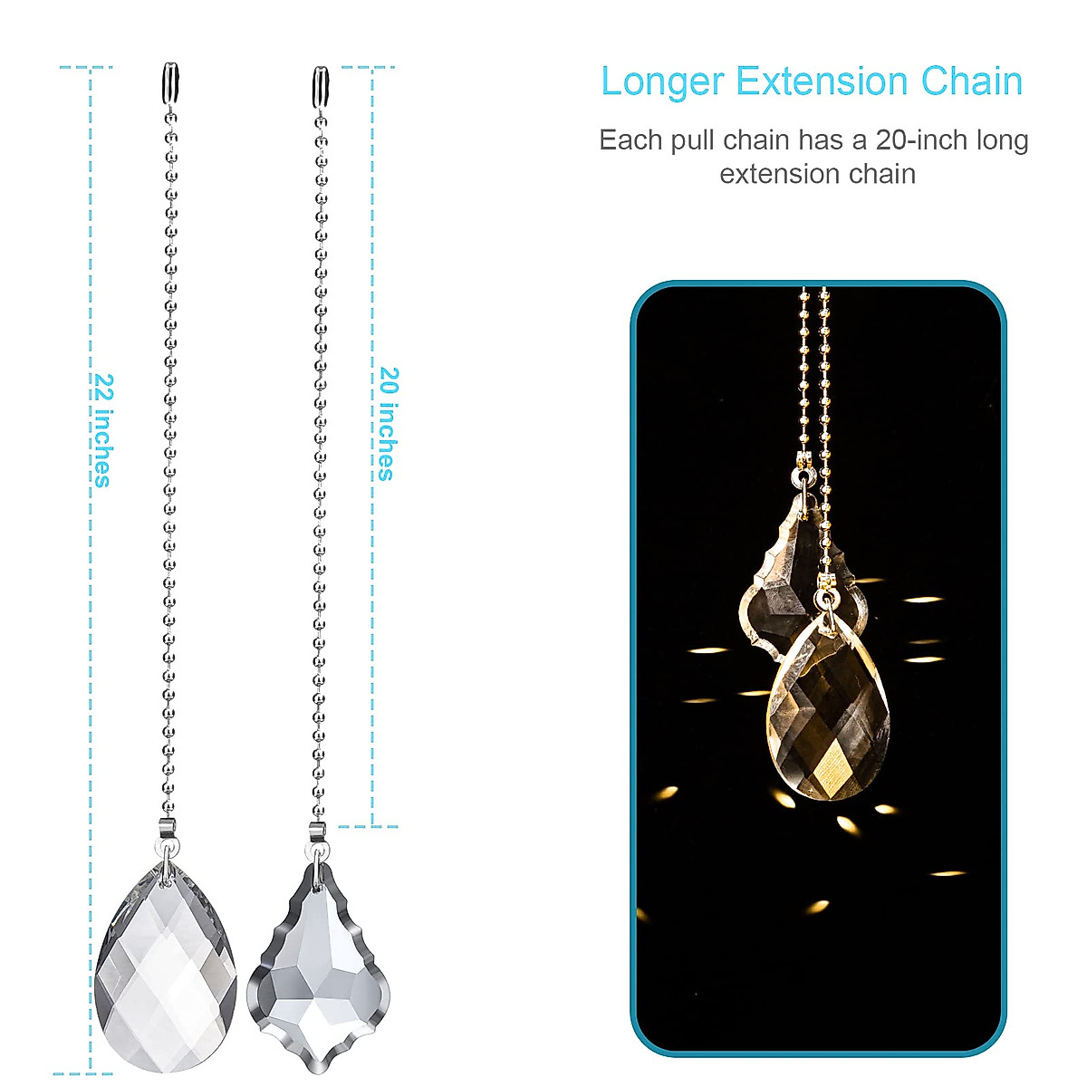 2PCS Ceiling Fan Pull Chains, Premium Fan Pull Chain with 20-inches Extension Chains