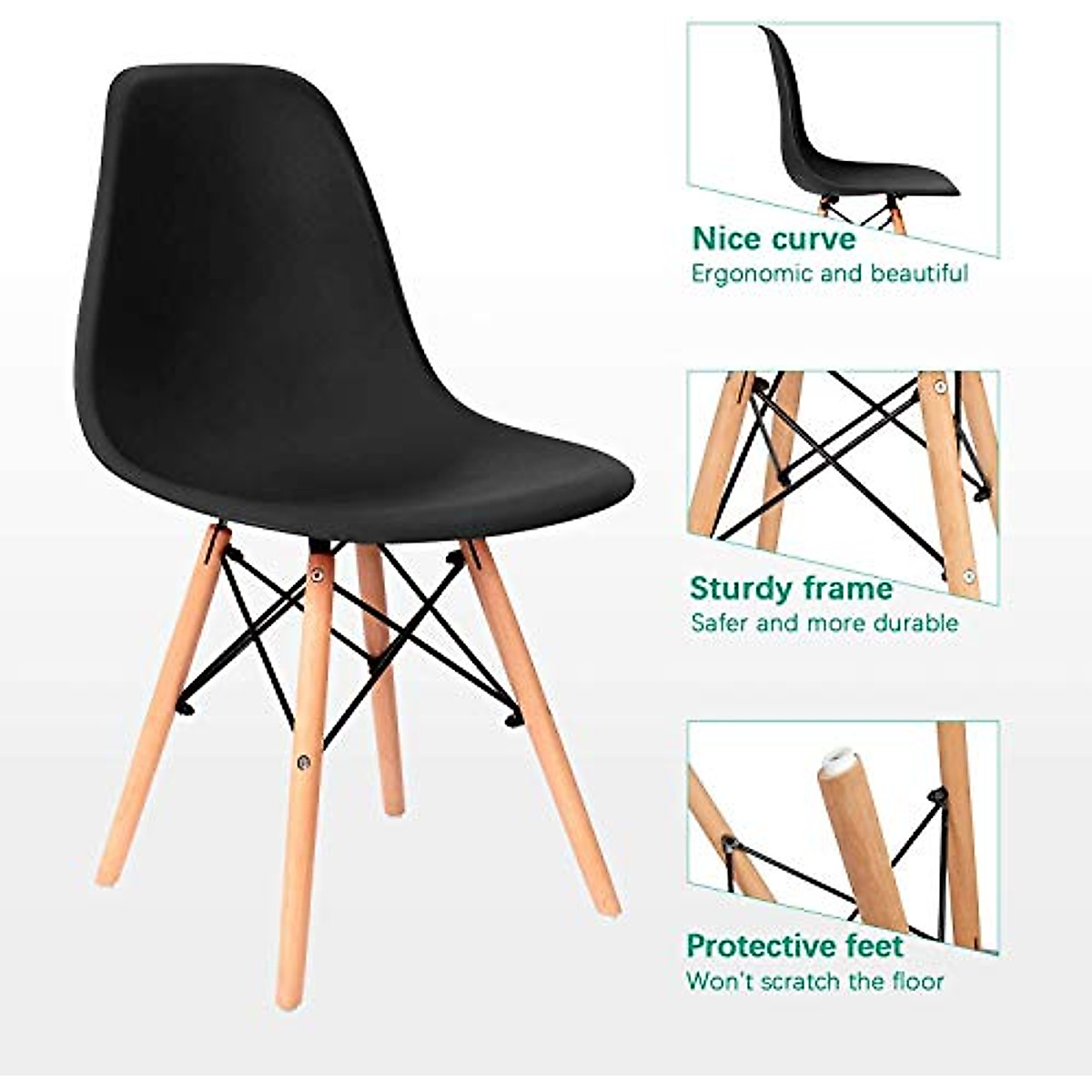 Furniwell Pre Assembled Modern Style Dining Chair Mid Century Modern DSW Chairs, Indoor Plastic Shell Lounge Plastic Chairs Side Chairs Set of 4 (Black)