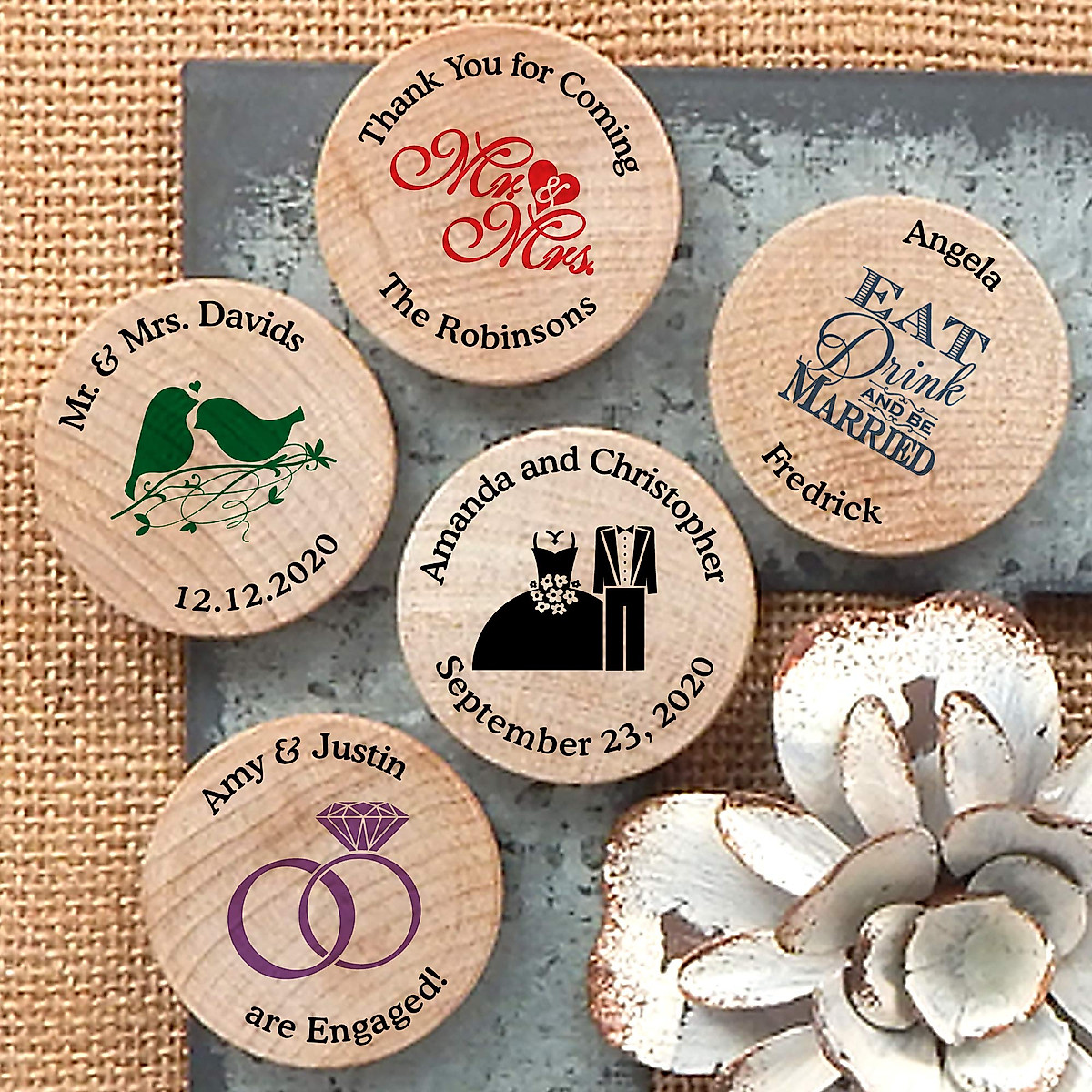 Personalized Wooden Wedding Magnets, Personalized Refrigerator Magnets, Save The Date Magnets (Set of 50)