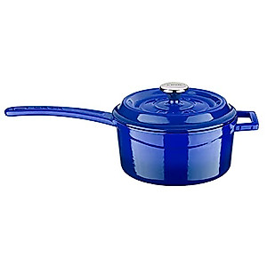 Lava Light-Colored Sand Enameled Cast Iron Sauce Pan, 1.5 Quarts Round Sauce Pot, Glossy Sand-Colored Three Layers of Enamel Coated Interior, Long Handle with Lid (Blue)