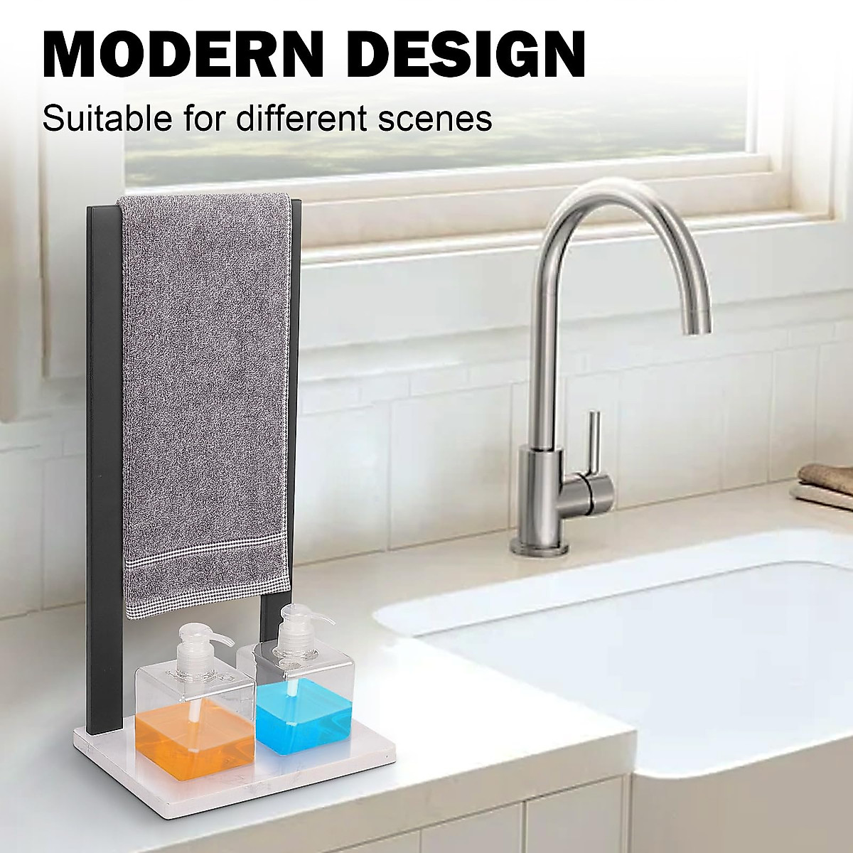 Winmien Hand Towel Holder with Marble Base, SUS304 Stainless Steel Freestanding Towel Rack Combo, Towel Stand + 2 Clear Soap Dispensers, Suitable for Bathroom Kitchen Vanity (Matte Black)